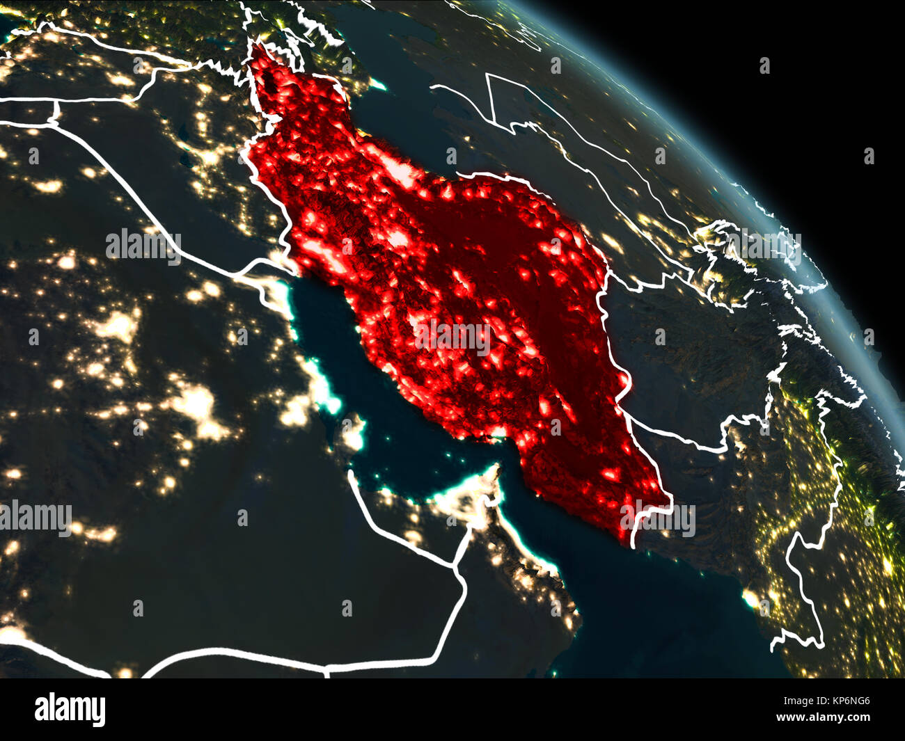 Iran from orbit of planet Earth at night with visible borderlines and ...