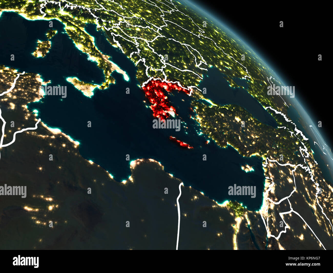 Greece from orbit of planet Earth at night with visible borderlines and ...