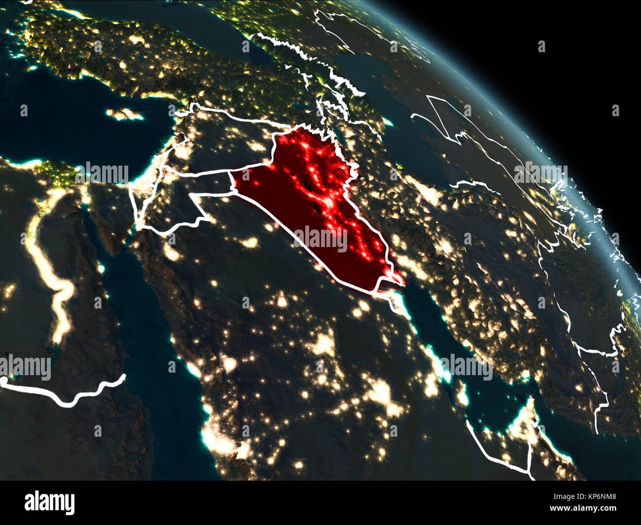 Iraq from orbit of planet Earth at night with visible borderlines and ...