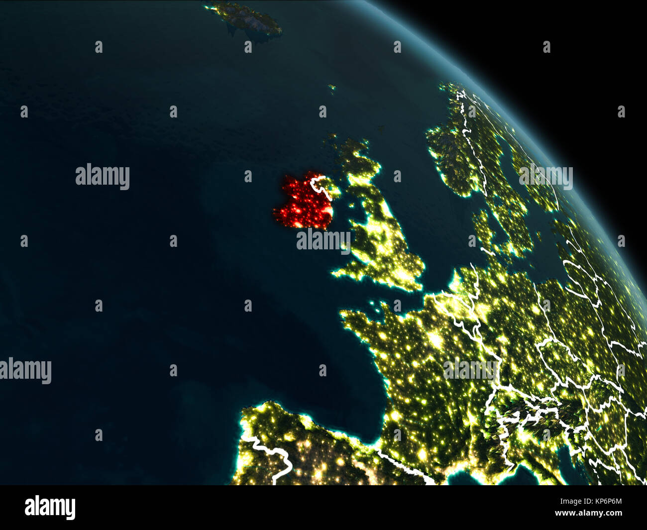 Ireland from orbit of planet Earth at night with visible borderlines ...