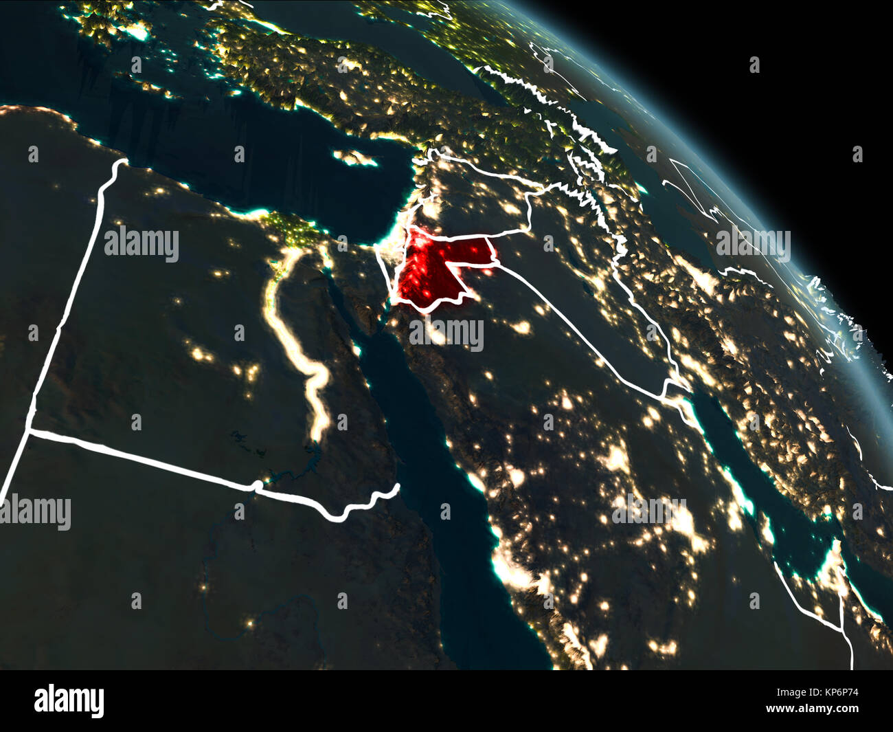 Jordan from orbit of planet Earth at night with visible borderlines and ...