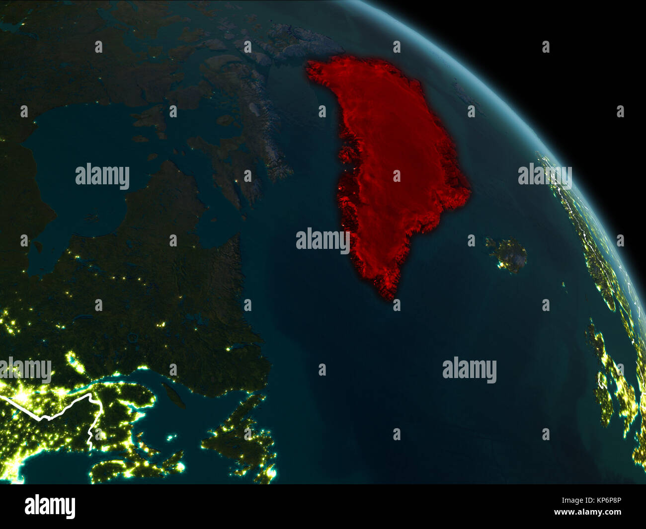 Greenland from orbit of planet Earth at night with visible borderlines and city lights. 3D ...