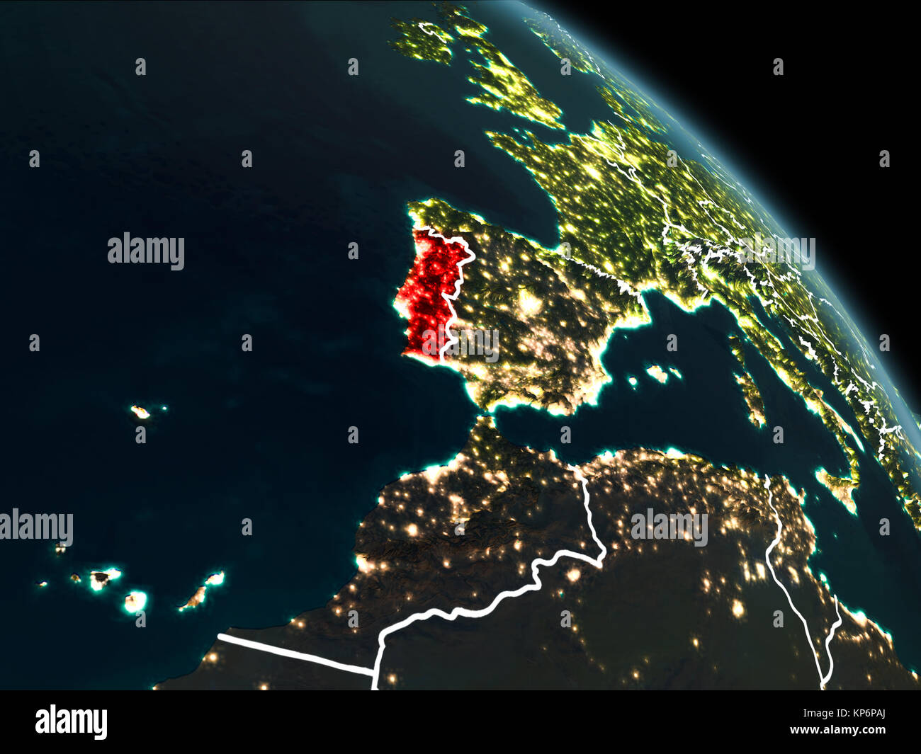 Portugal from orbit of planet Earth at night with visible borderlines ...