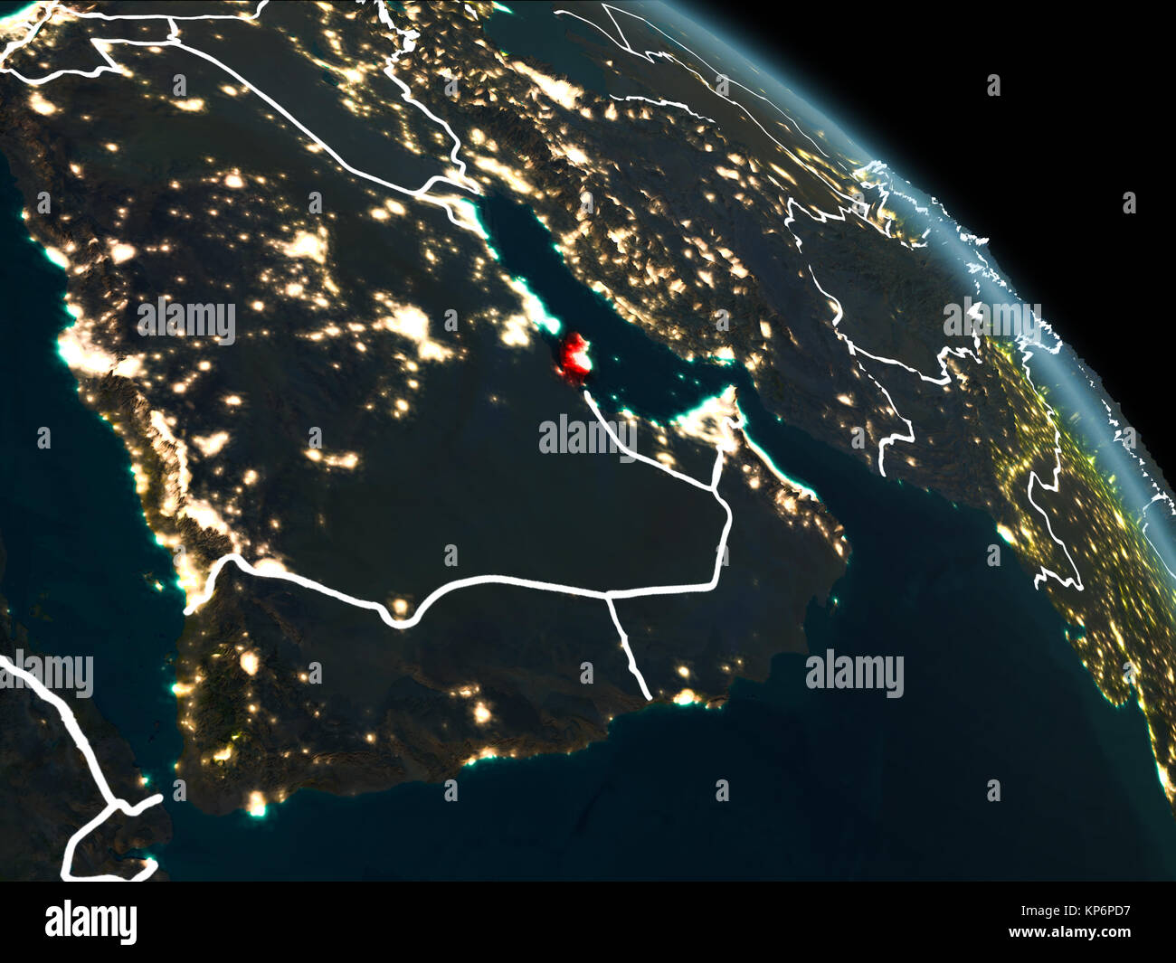 Qatar from orbit of planet Earth at night with visible borderlines and ...