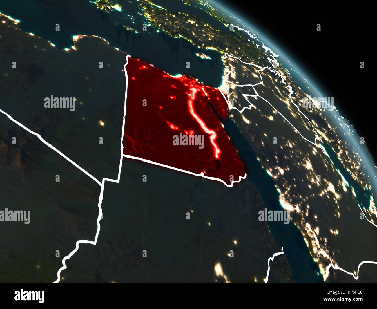 Egypt from orbit of planet Earth at night with visible borderlines and ...