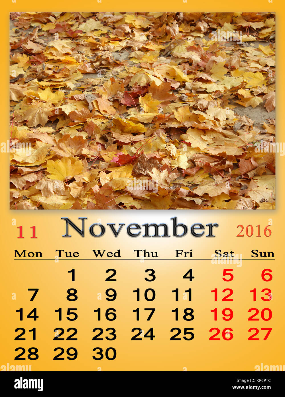 calendar for November 2016 with yellow leaves Stock Photo - Alamy
