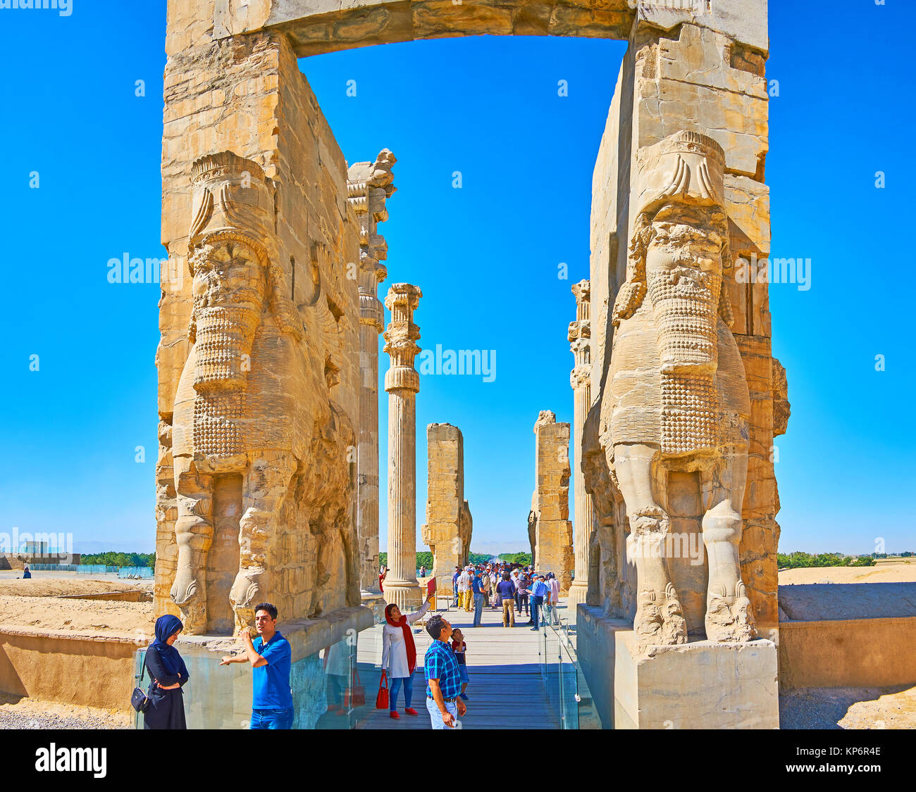 PERSEPOLIS, IRAN - OCTOBER 13, 2017: The giant Lamassu statues ...