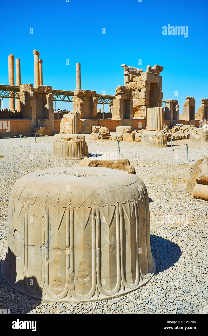 The ancient columns' capitals with preserved carved patterns in ...