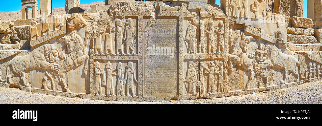 Panorama of preserved reliefs on the stone staircase of Tachara winter ...