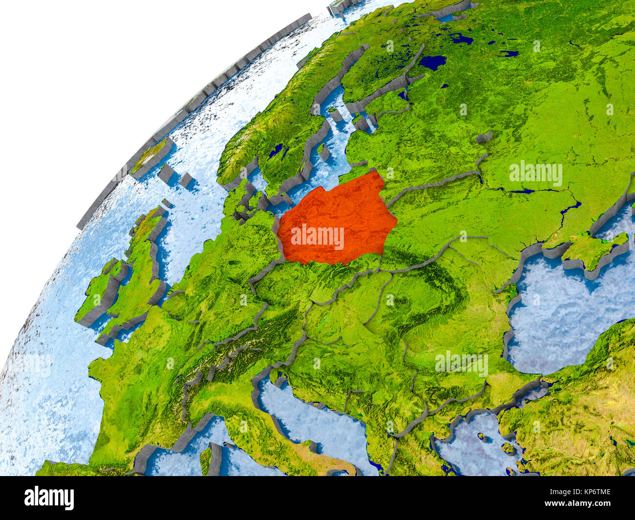 Poland on simple globe with visible country borders and realistic water ...