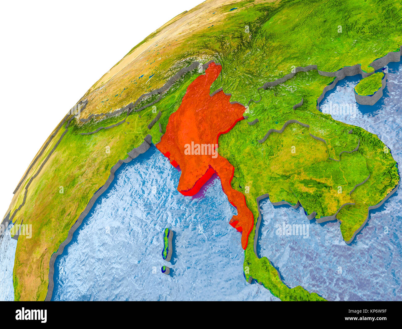 Myanmar on simple globe with visible country borders and realistic ...