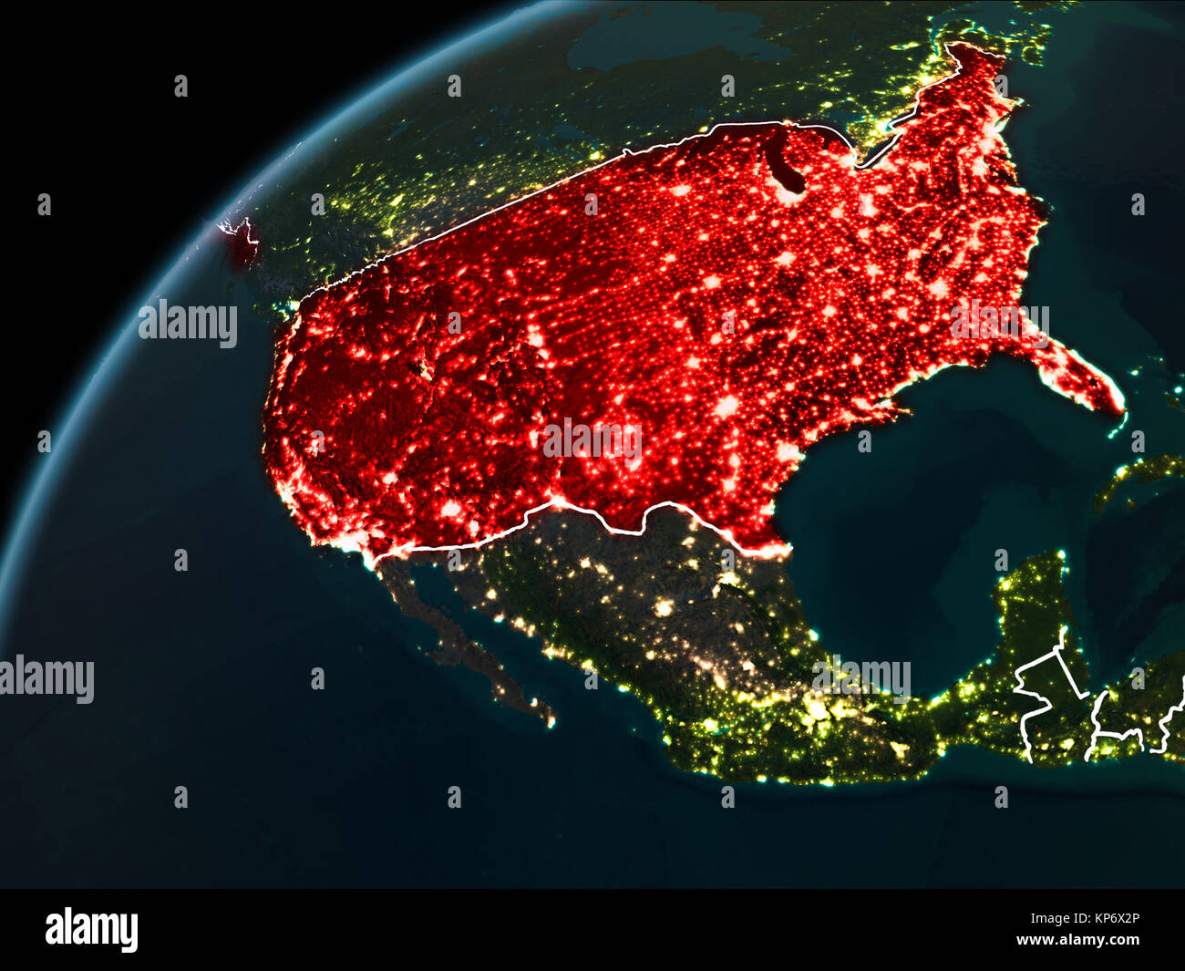 USA in red on planet Earth at night with visible borderlines and city ...