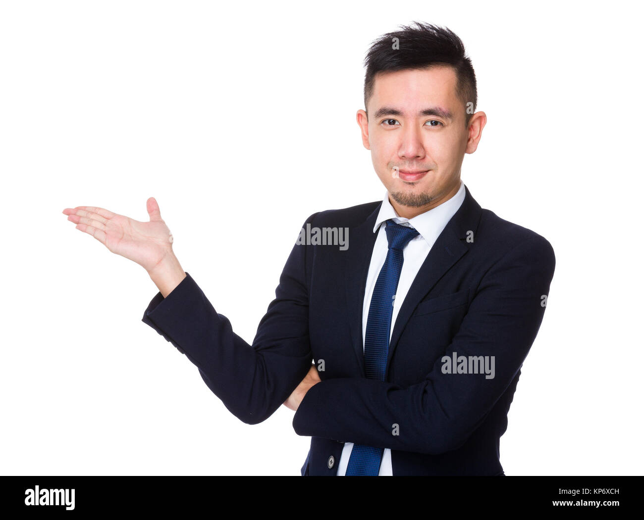 Asian young Businessman with open hand palm Stock Photo - Alamy