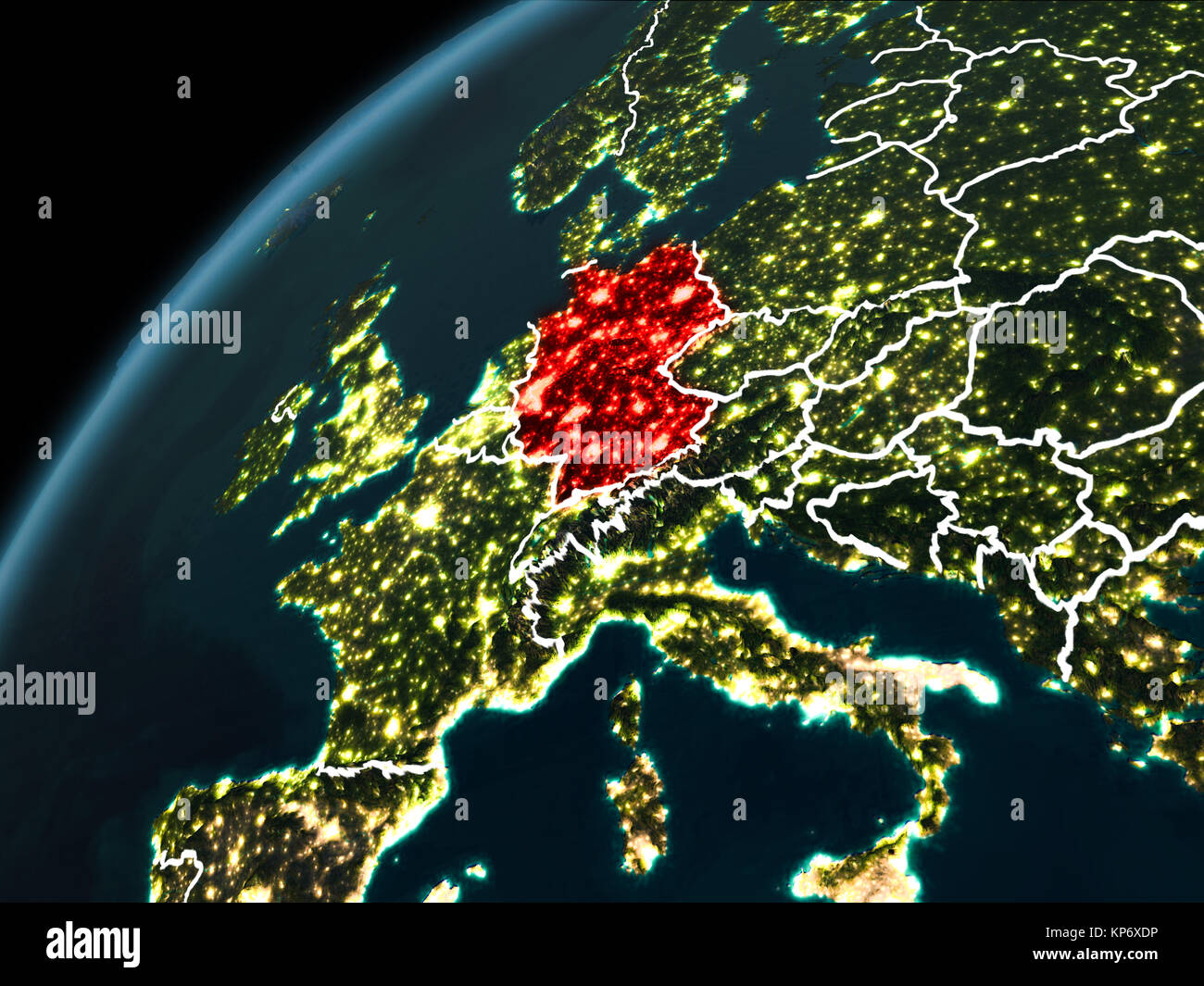Germany in red on planet Earth at night with visible borderlines and ...