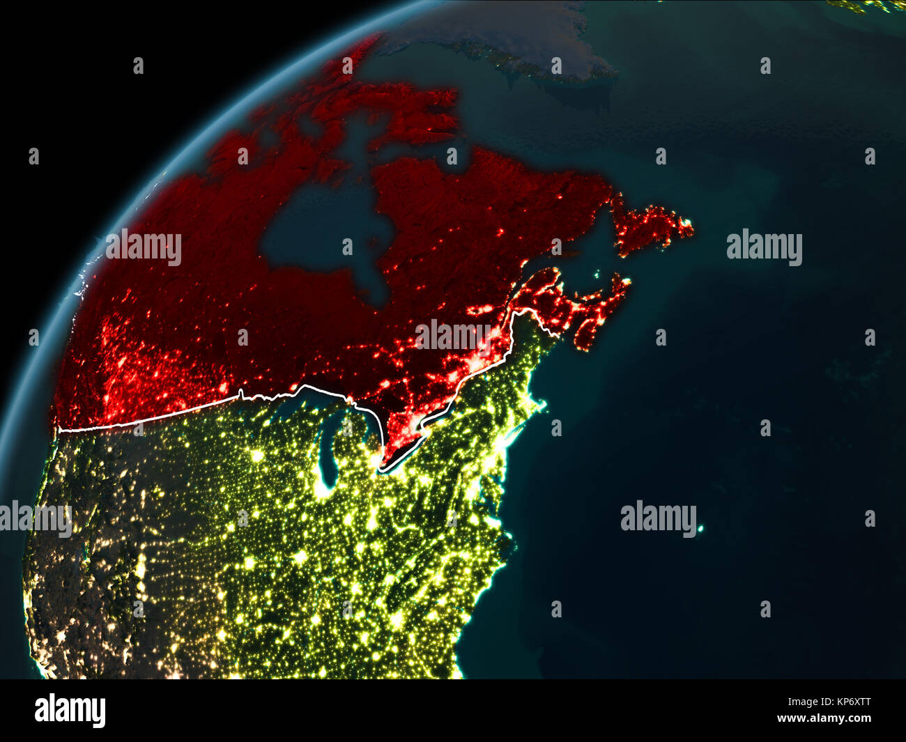 Canada in red on planet Earth at night with visible borderlines and ...