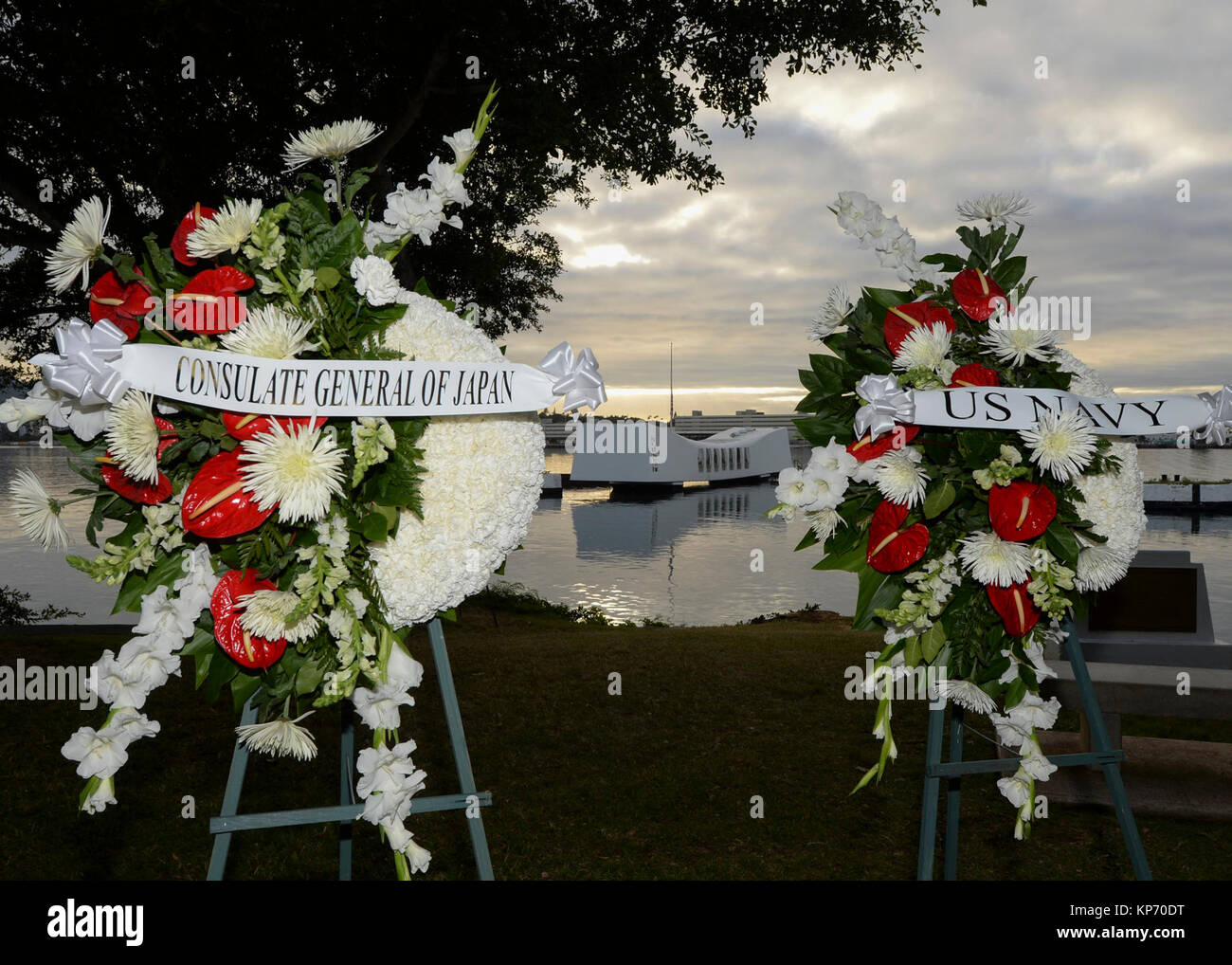 Dedication wreaths overlook the USS Arizona Memorial prior to a U.S ...