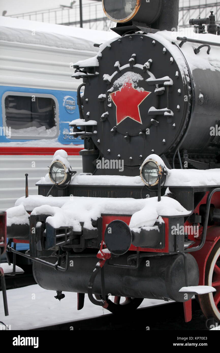 locomotive at a train station in winter, front view Stock Photo - Alamy