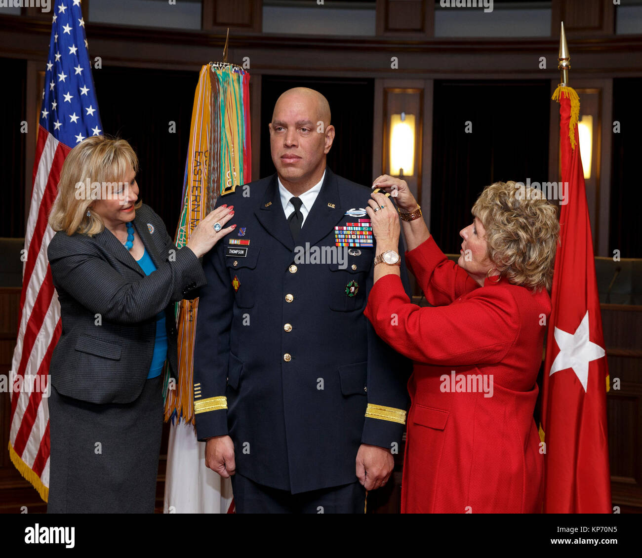 Oklahoma Governor Mary Fallin (L) and Mrs. Deborah Thomspn (R) places ...