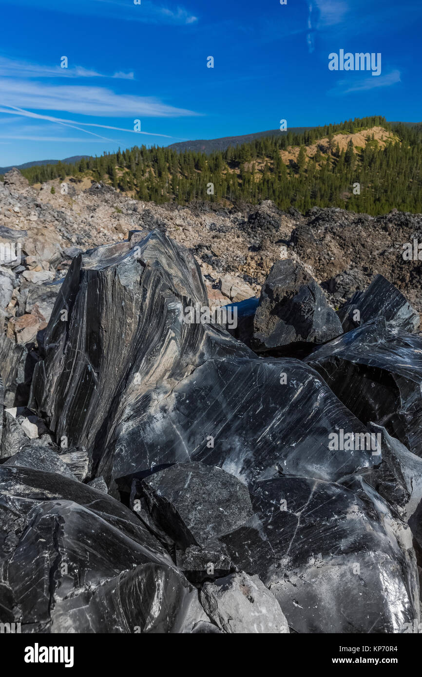 Obsidian rock along the Big Obsidian Flow Trail in Newberry National Volcanic Monument, central ...