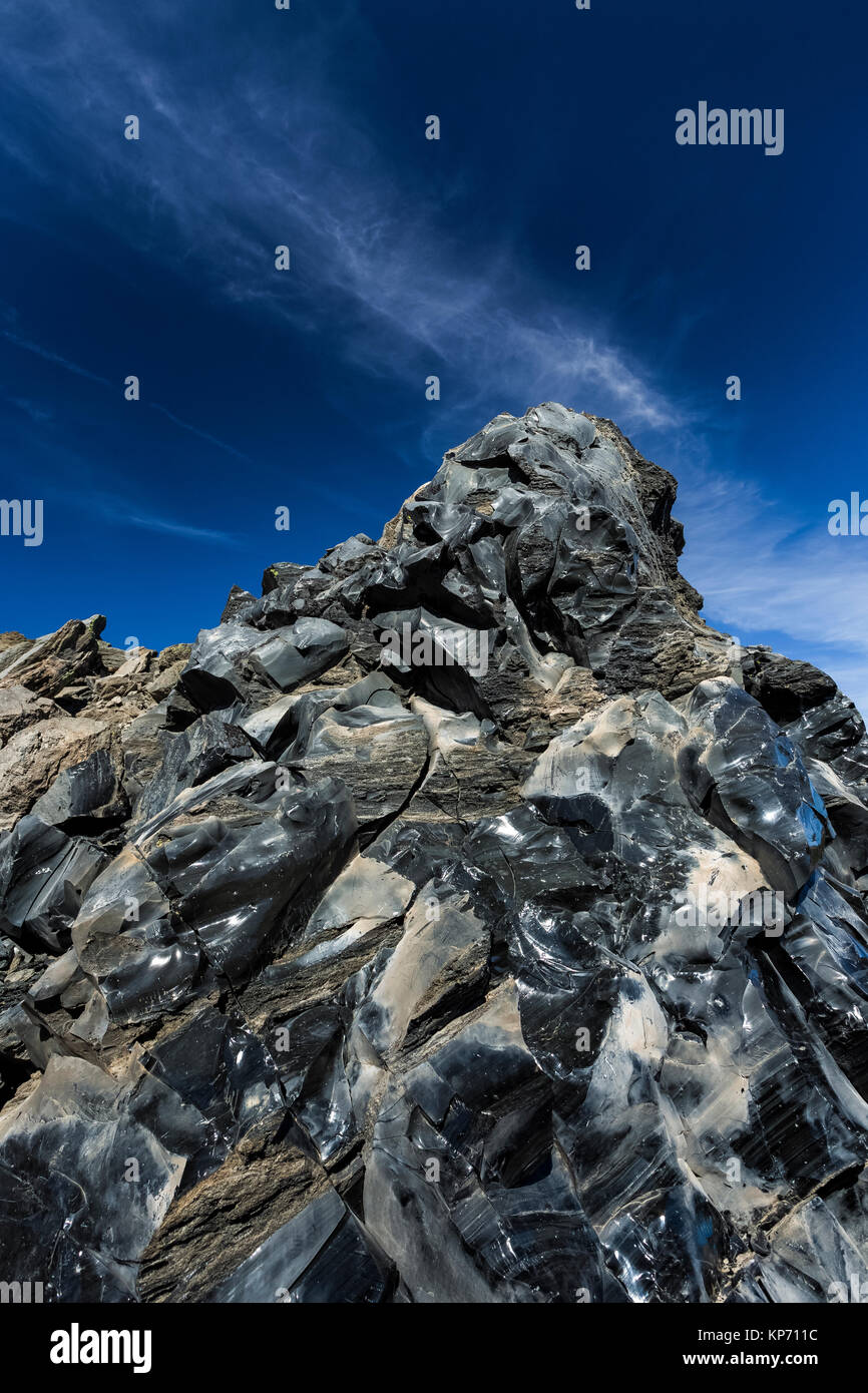 Obsidian rock along the Big Obsidian Flow Trail in Newberry National Volcanic Monument, central ...