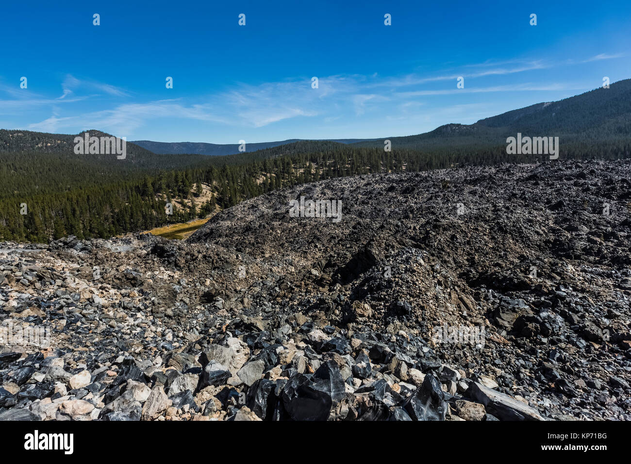 View from Big Obsidian Flow Trail, looking down on Big Obsidian Flow in Newberry National ...