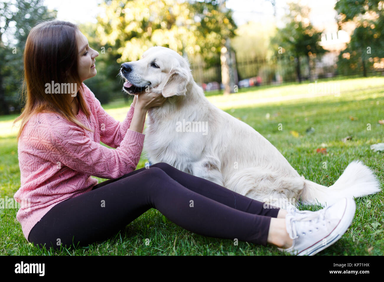 Picture of brunette hugging labrador on lawn Stock Photo - Alamy