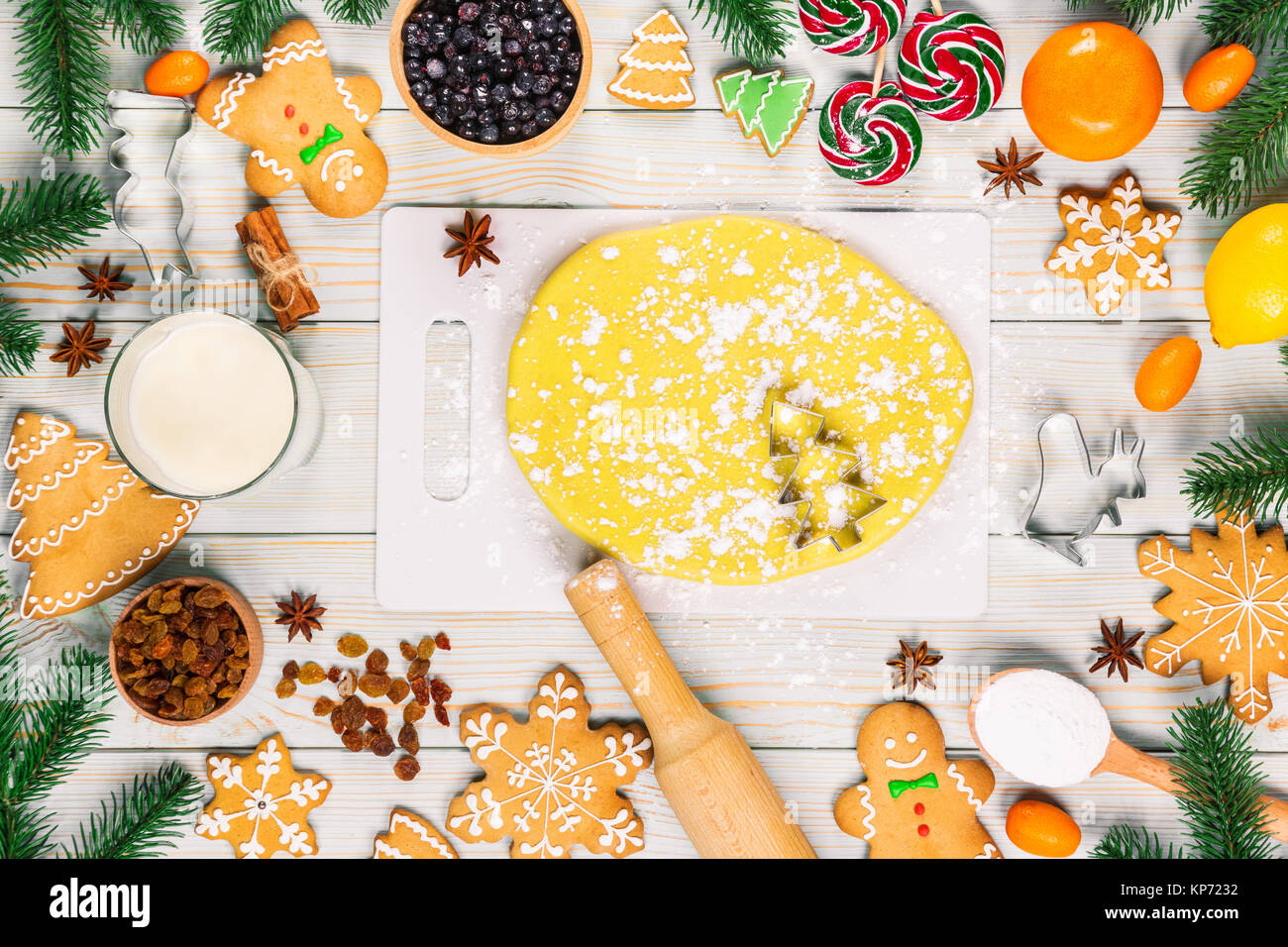Cooking Christmas gingerbread cookies with the ingredients, dough ...