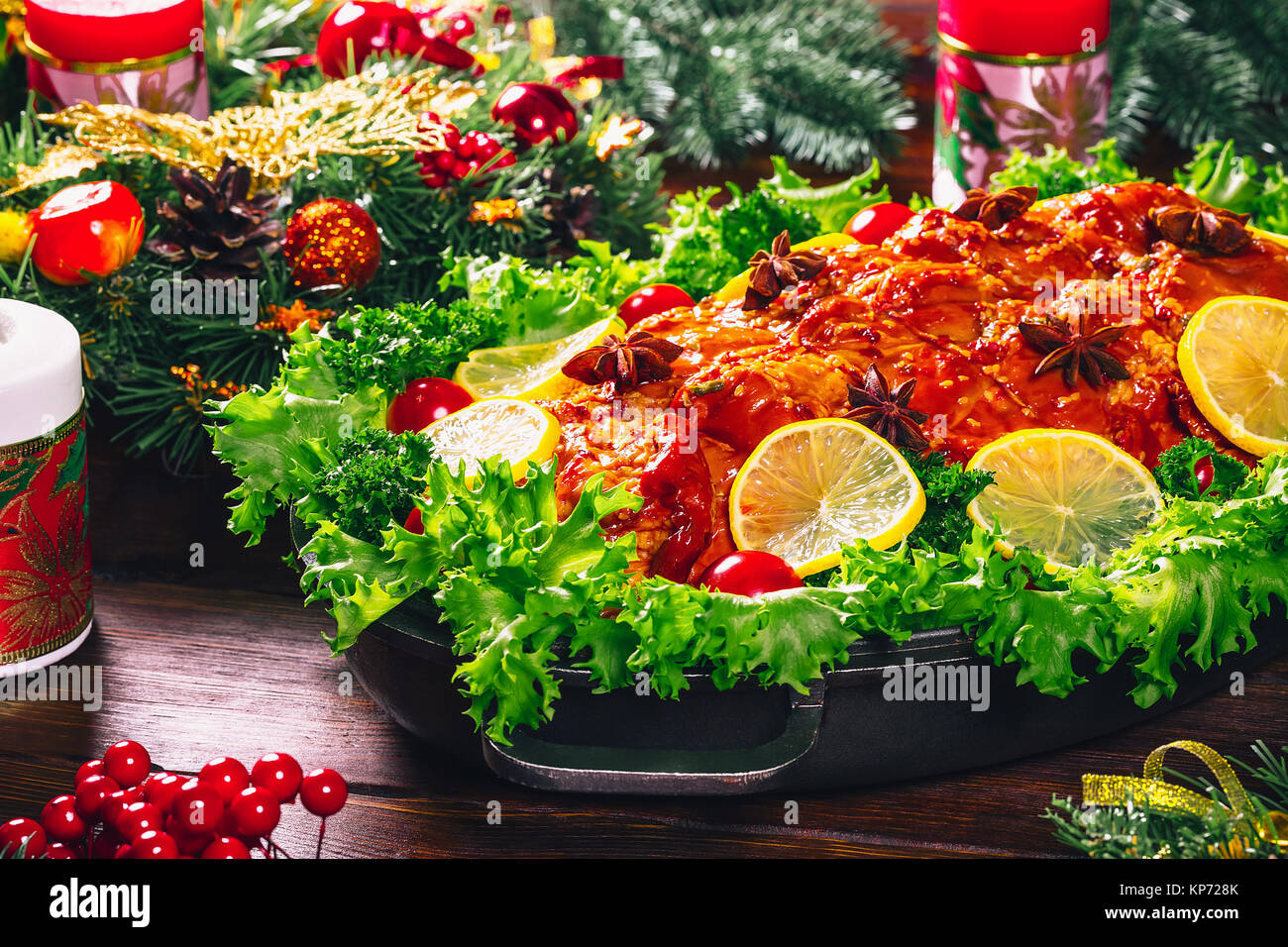 Thanksgiving table served with baked meats, decorated with bright ...