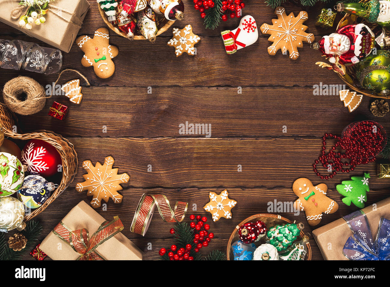 Christmas background with gifts, toys, tree branches, New Year decor ...