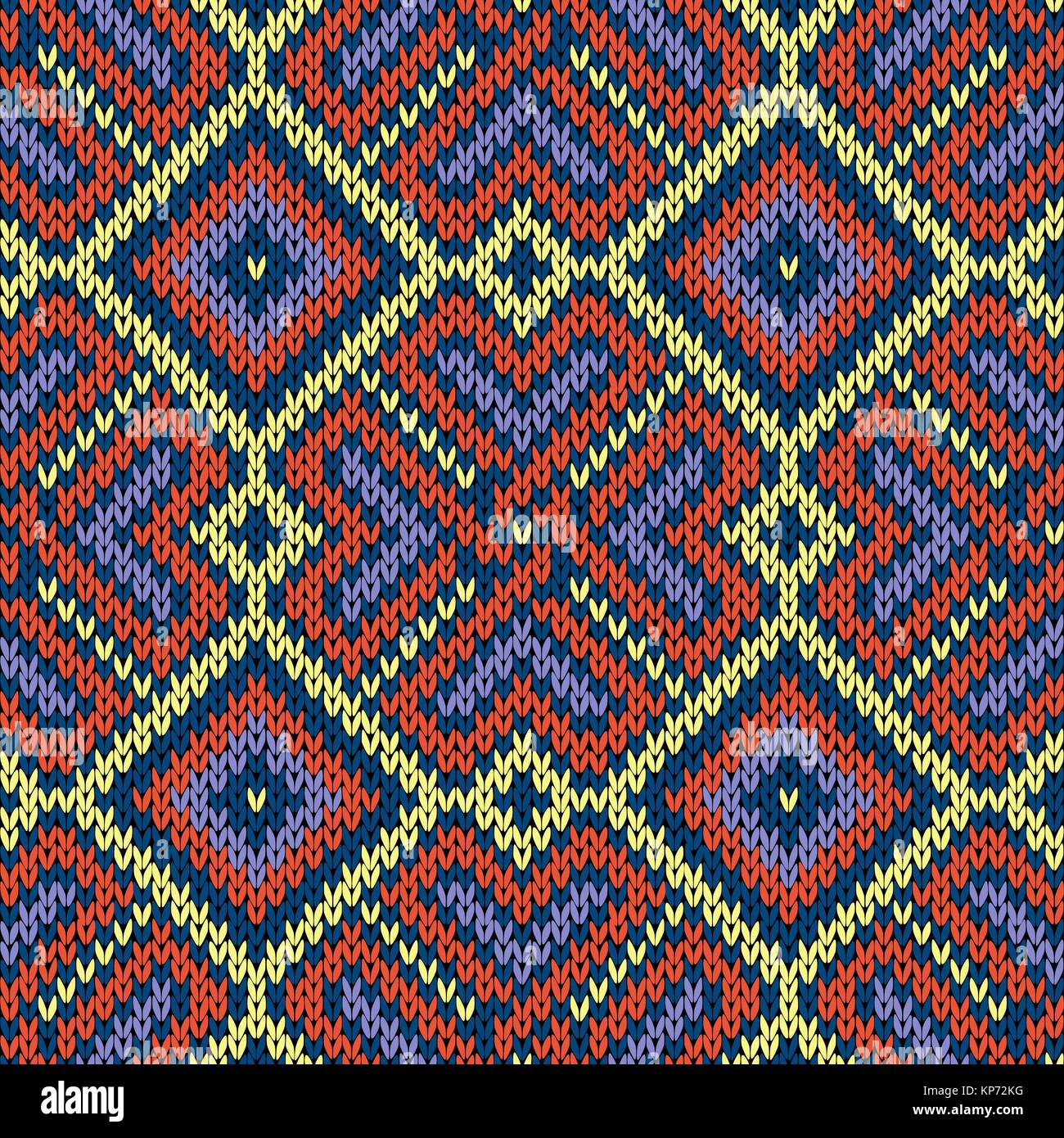 Seamless ornamental knitted vector pattern mainly in blue, and yellow ...