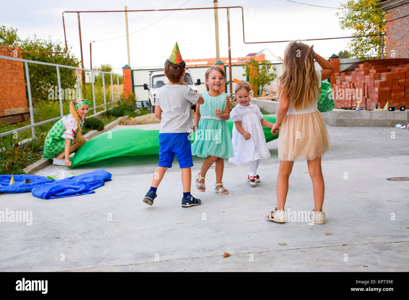 Leisure of preschool children. Animators at a children's party. Acting ...