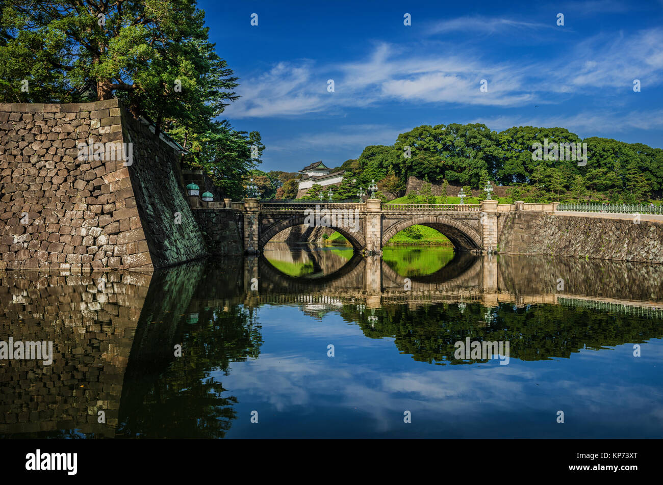 View of Tokyo Imperial Palace Outer Gardens with the famous Nijubashi ...