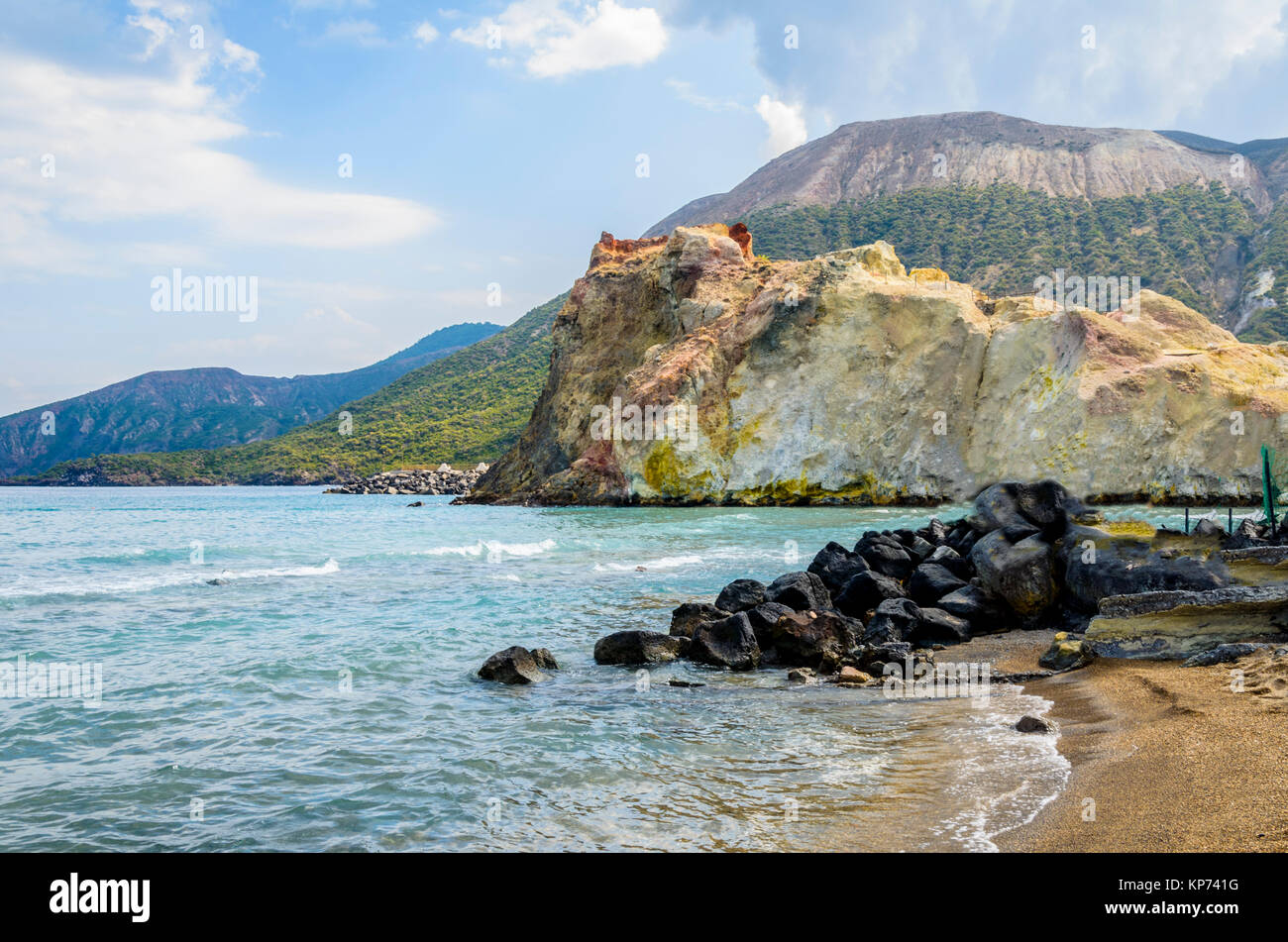 Beach of the island of vulcano with its volcanic rocks and rock ...