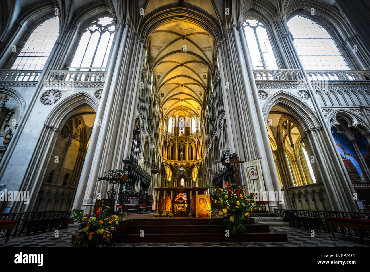 The altar and transept of the gothic Bayeux Cathedral in Normandy ...