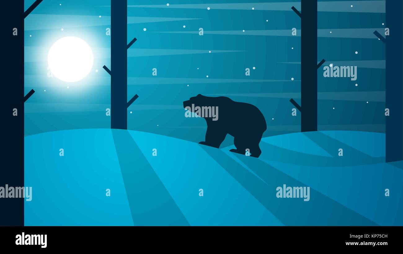 Cartoon bear illustration. Winter landscape. Tree, sun, frog Stock ...
