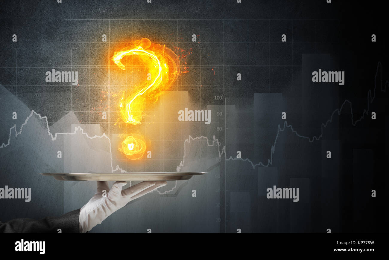 Hand of waitress presenting flaming question mark Stock Photo - Alamy