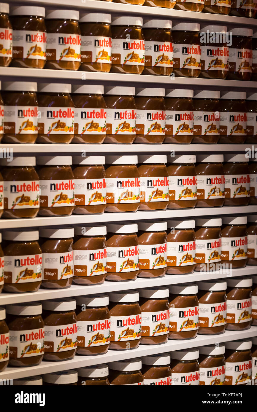 TEL AVIV, ISRAEL - 26 NOVEMBER 2017: Background with cans of chocolate ...