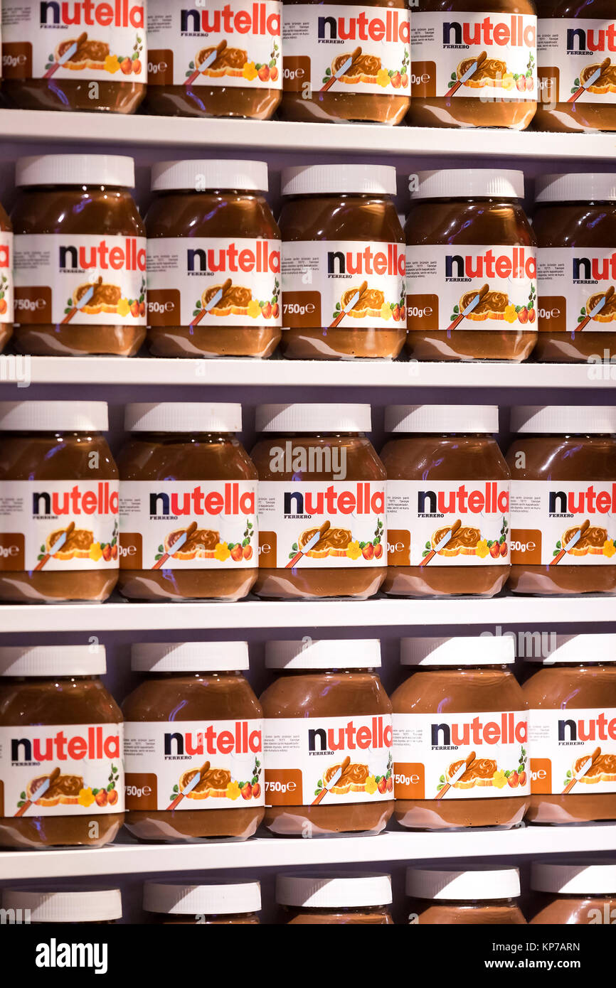 TEL AVIV, ISRAEL - 26 NOVEMBER 2017: Background with cans of chocolate ...