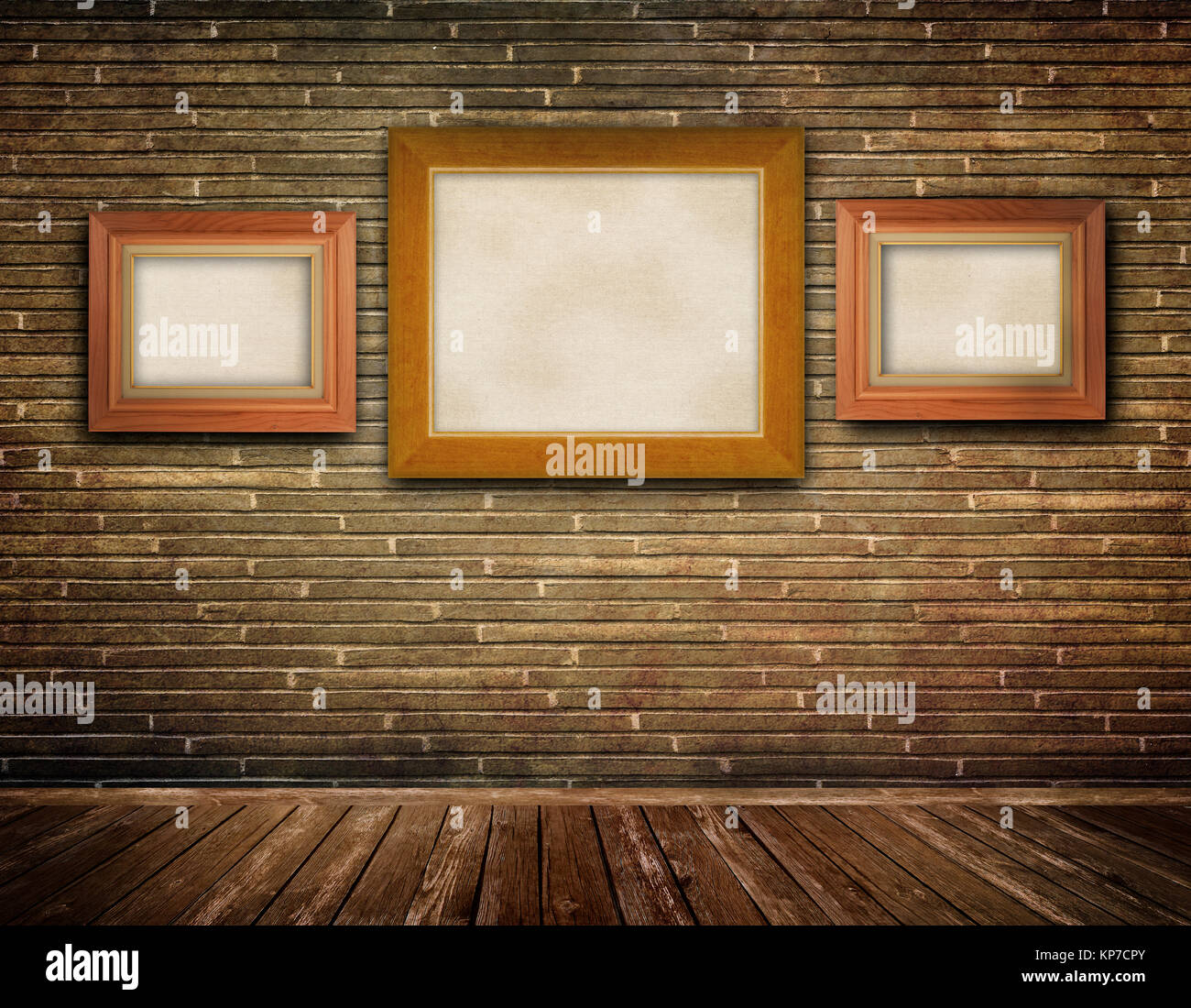 Three old-fashioned frames on a bricks wall Stock Photo - Alamy