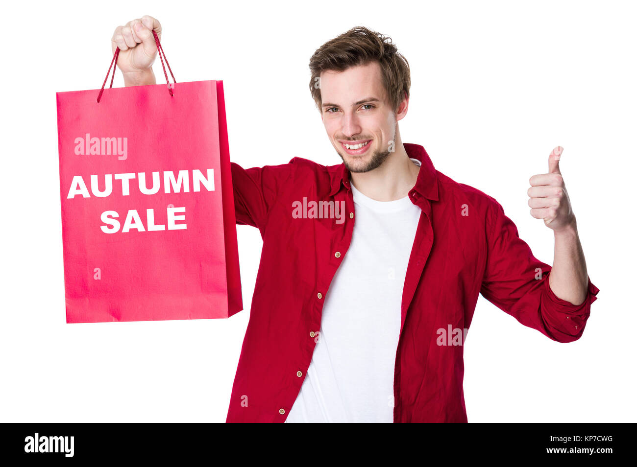 Happy man shopping with his thumbs up and showing autumn sale Stock ...