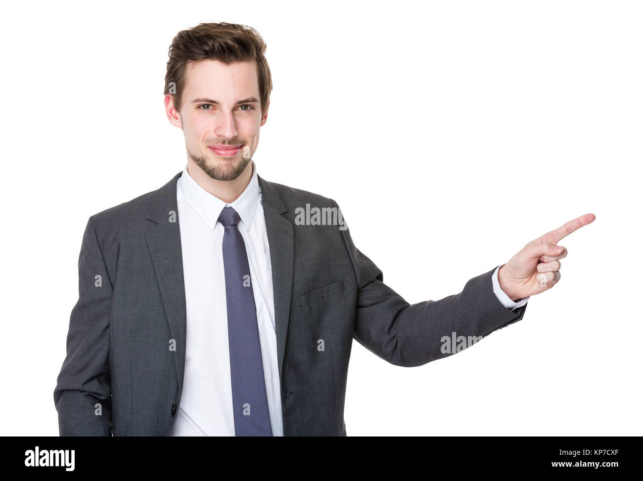Man pointing showing copy space isolated on white background Stock ...
