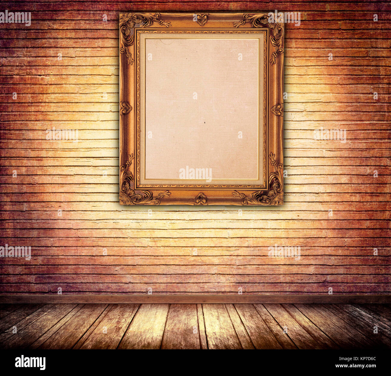 Old-fashioned wooden frame on bricks wall and old wooden floor. Natural ...