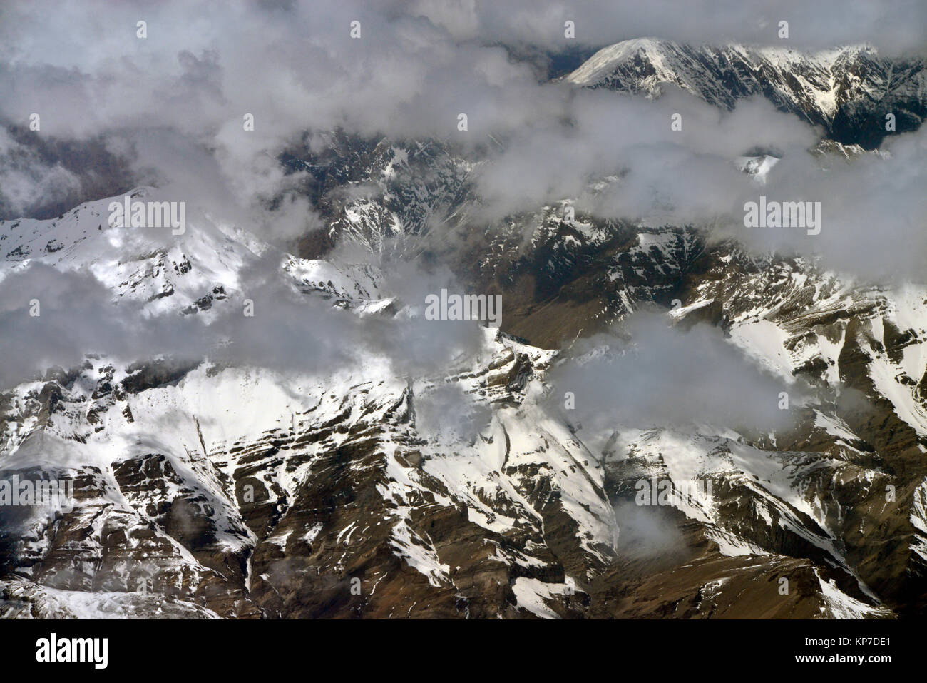Mountain range photographed from an airplane: chains of peaks are ...