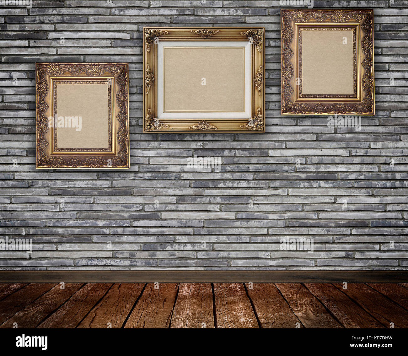 Three old-fashioned wooden frames on a bricks wall Stock Photo - Alamy