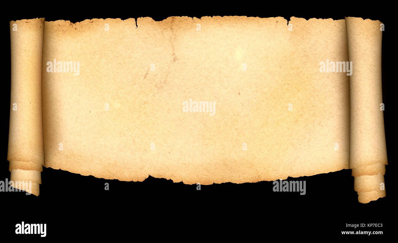 Medieval scroll of parchment on black background. Natural old grunge ...