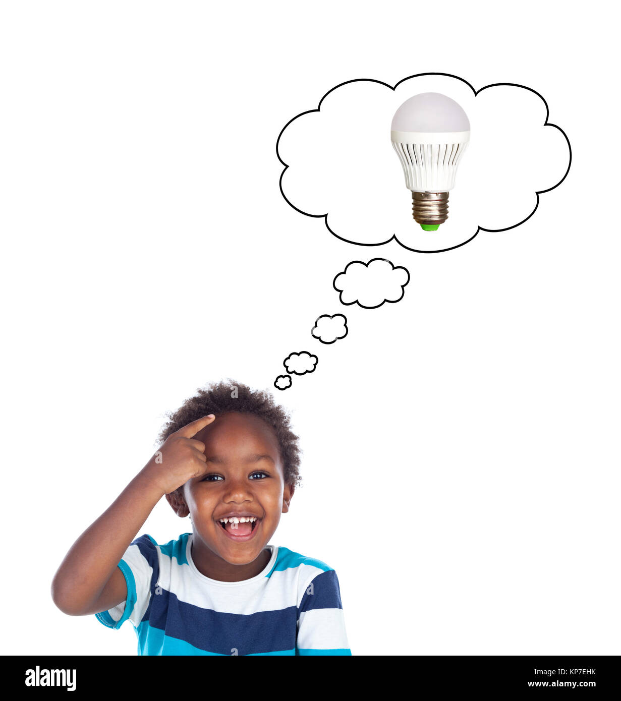 Adorable afroamerican child thinking in a light bulb isolated on a ...