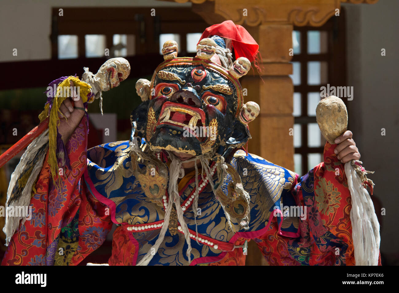 Buddhist monk in the ritual ancient Mask Monster and elegant carnival ...