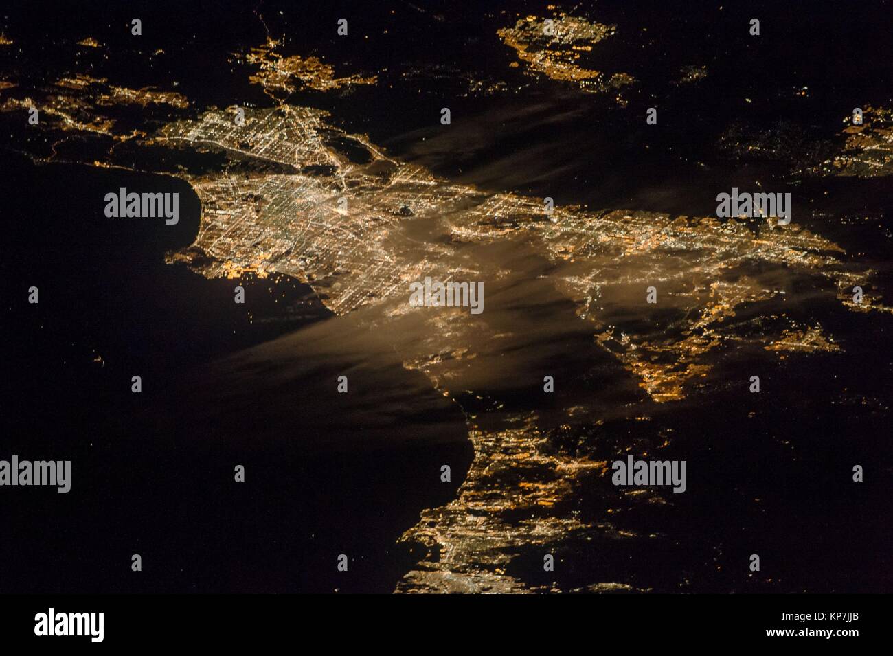 Nighttime view of Los Angeles California seen from the International ...