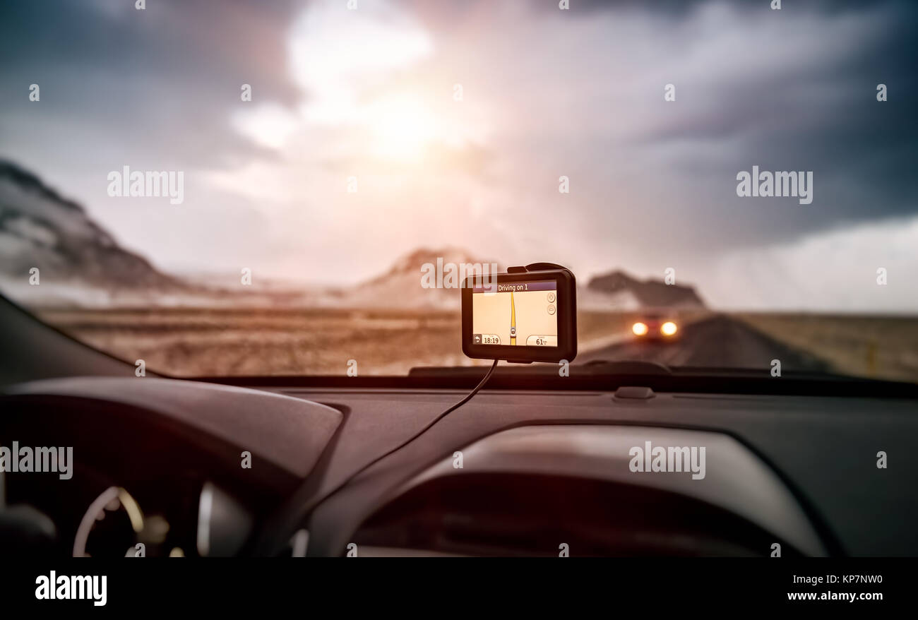 GPS navigator in the car, modern device to find right route, electronic ...