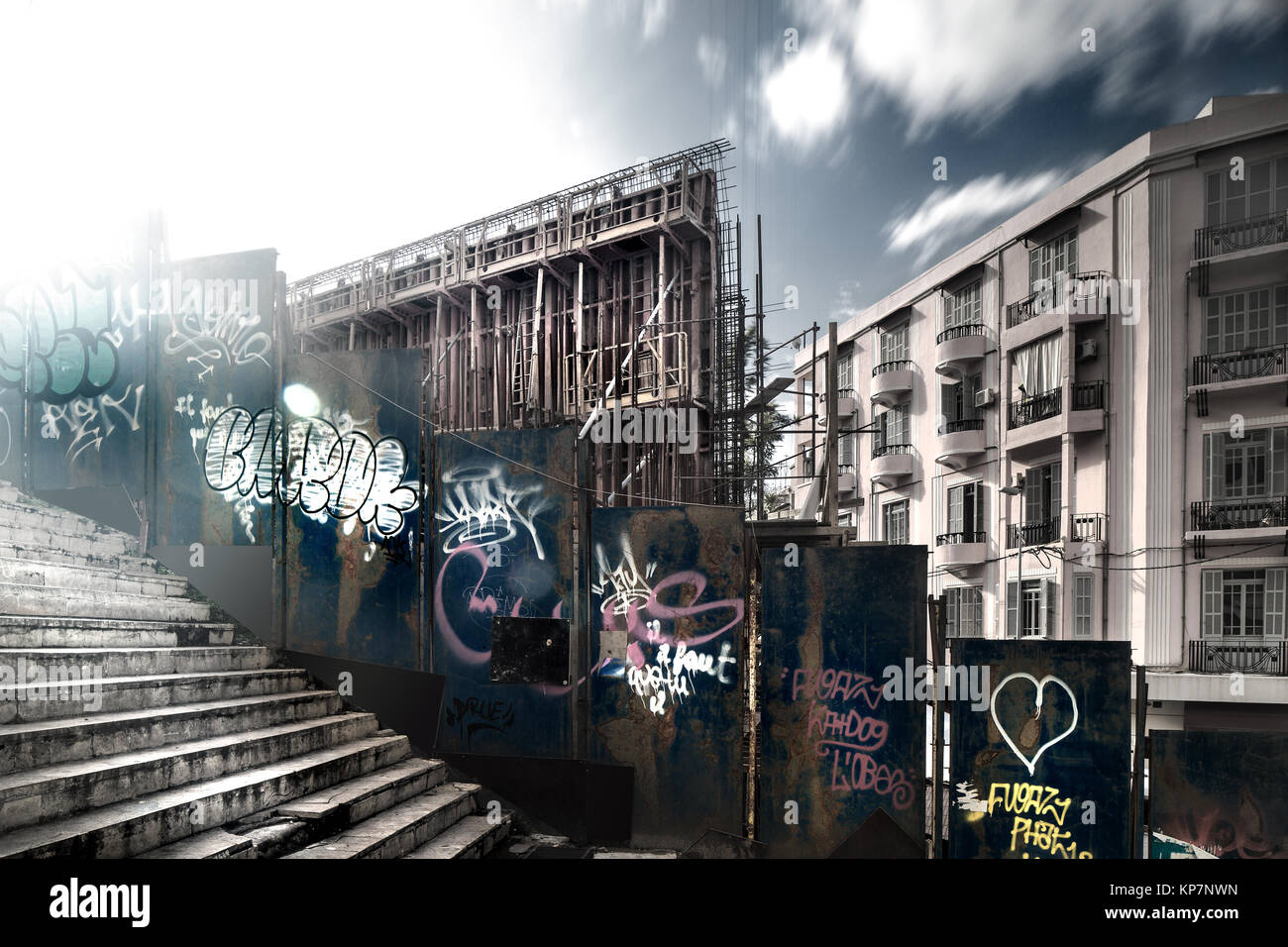 Grunge style photo of a street in Beirut, old damaged construction ...